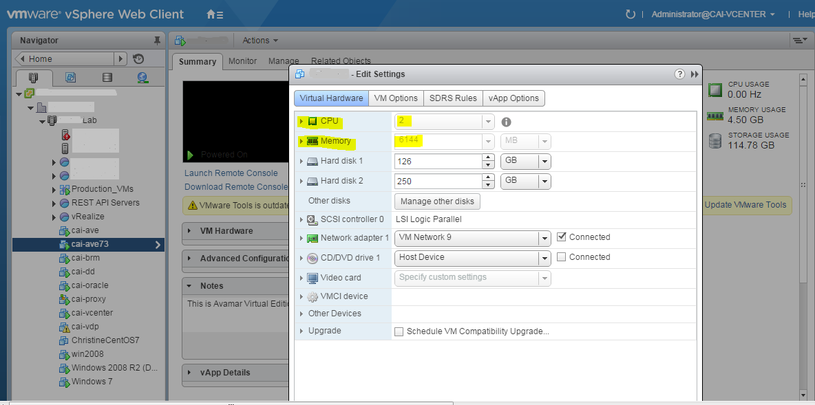 Avamar : How to change Avamar Virtual Edition for VMware (AVE) RAM and CPU configuration after ...