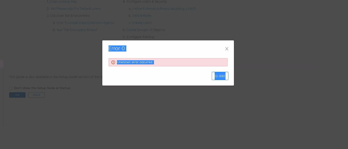 Después de iniciar sesión en Data Protection Advisor (DPA), se muestra un cuadro emergente Error ...