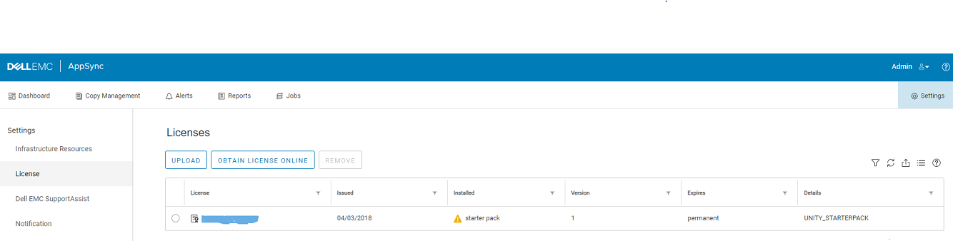 AppSync：バージョン4.1のAppSync GUIの[License]ページで、スターター パック ライセンスに黄色い三角形の警告が表示される | Dell 日本