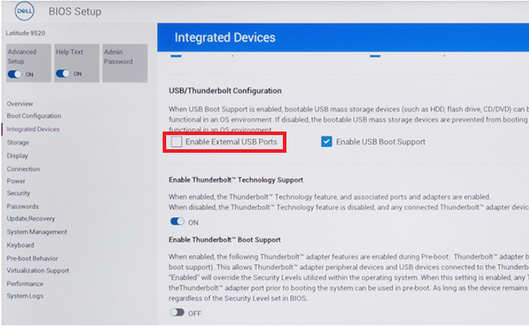 Latitude 9520：在 BIOS 中停用「Enable External USB Port」選項時，USB 滑鼠無法運作 | Dell 香港