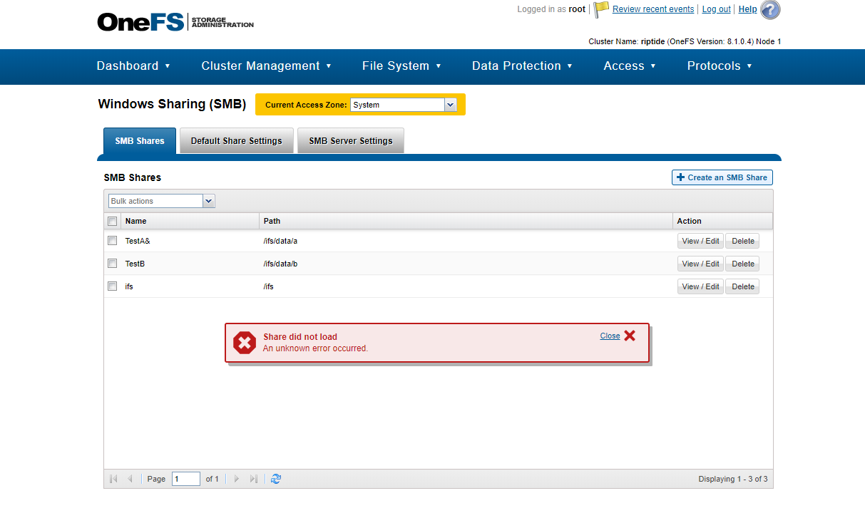 Isilon: Shares fails to load, error "Share did not load. An unknown ...