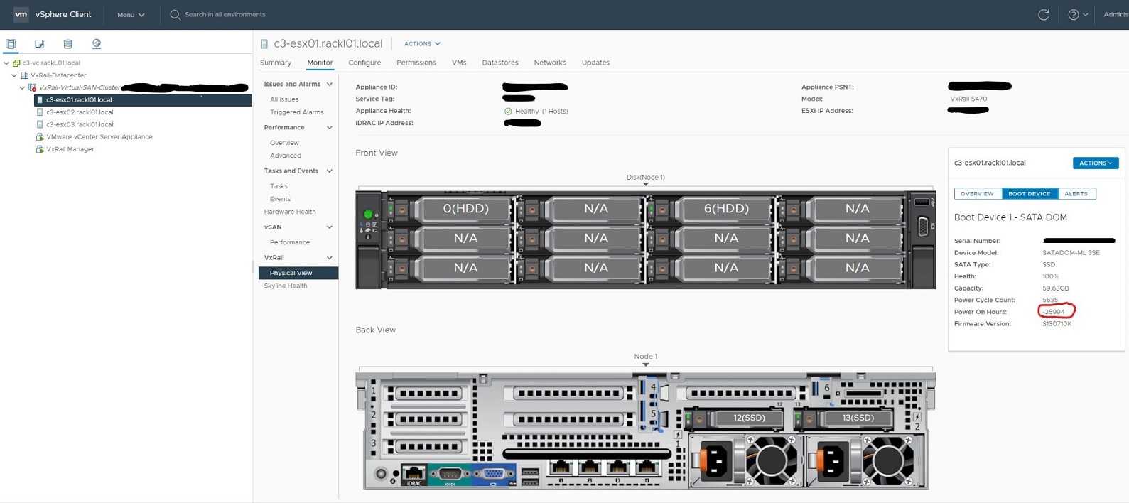Dell EMC VxRail: Incorrect negative value shows in Power On Hours field ...