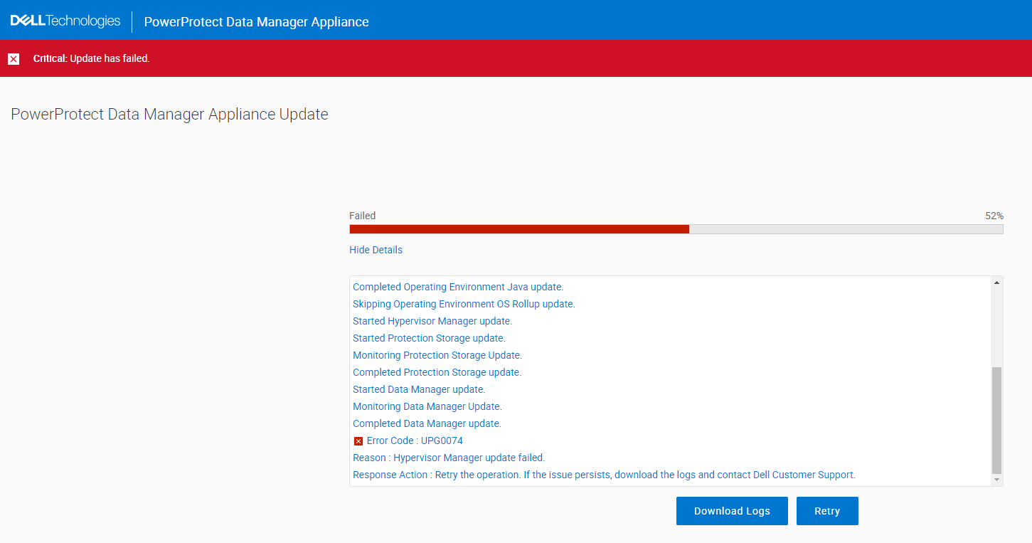 Powerprotect Dm5500 어플라이언스 업그레이드가 실패하고 오류 코드 Upg0074 이유 Hypervisor Manager 업데이트가 실패했습니다