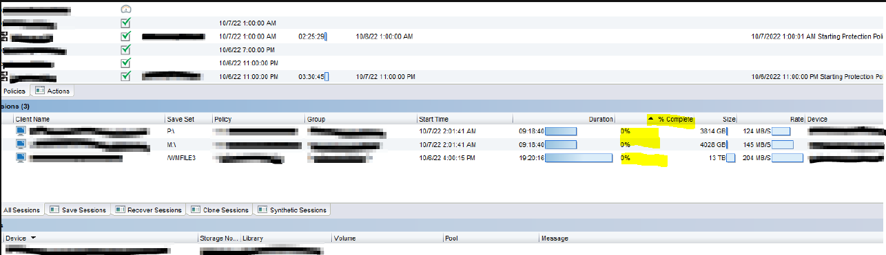 NetWorker: Active sessions in NMC Monitoring shows 0% complete for only ...