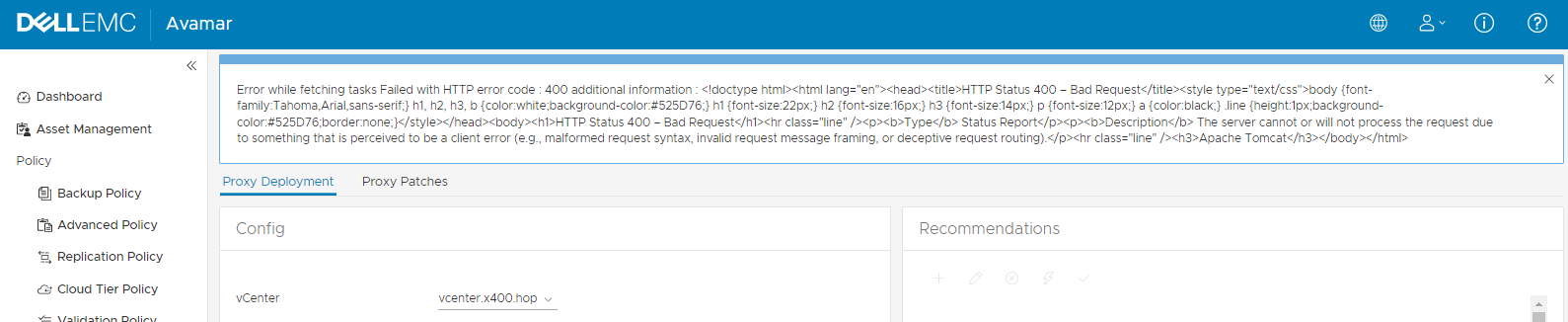 Avamar - Proxy Deployment Manager (PDM) recommendation fails when vCenter password contains ...