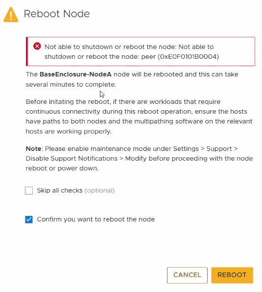 PowerStore：ノードの再起動がエラー「Not able to shutdown or reboot the node (0xE0F0101B0004)」で失敗する | Dell 日本