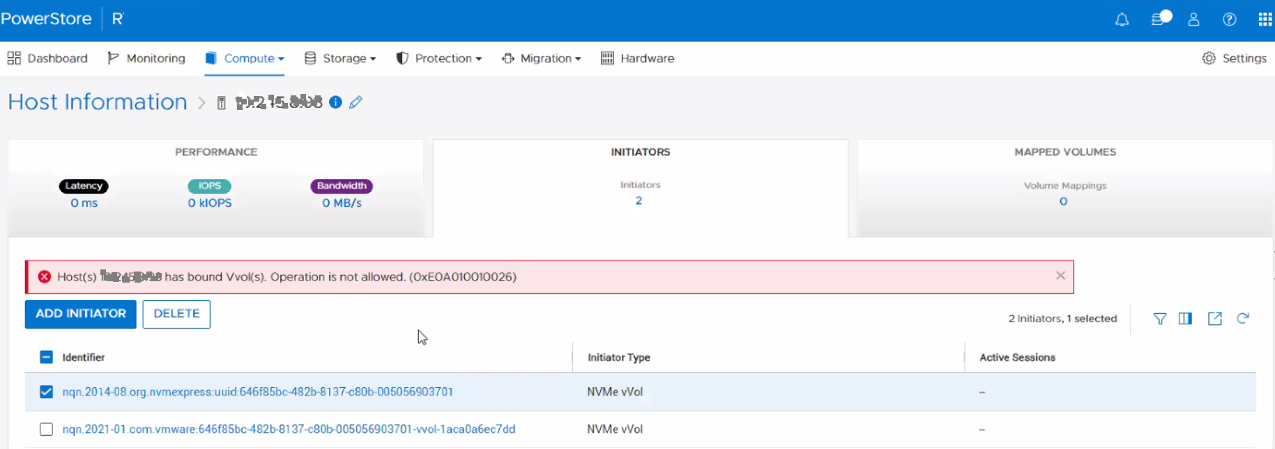 PowerStore: When removing one of the host's initiators unable to remove an initiator ...