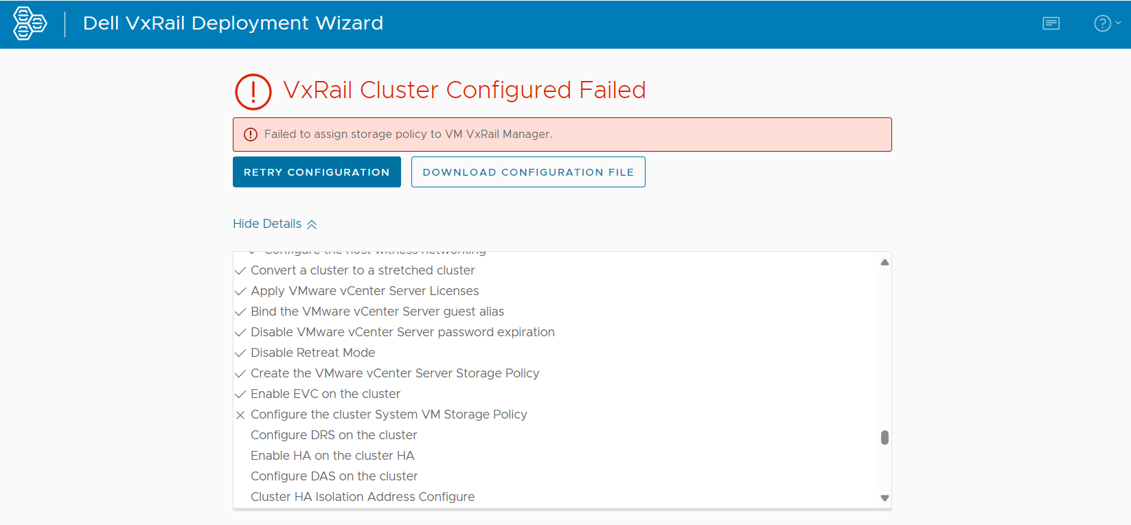 Dell Vxrail Failed To Assign Storage Policy To Vm Vxrail Manager During Cluster Deployment
