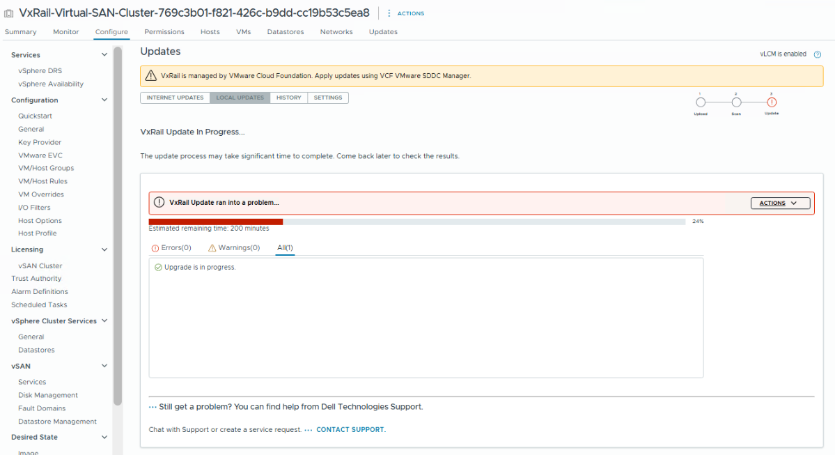 VCF on VxRail: Cluster upgrade retry fails using "re-configure update" from SDDC UI | Dell US