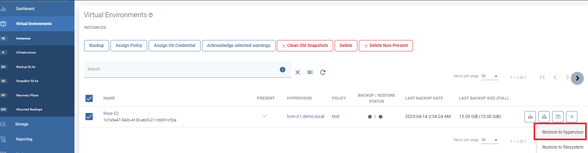 vProtect: Die Option "Restore to Hypervisor" (Auf Hypervisor ...