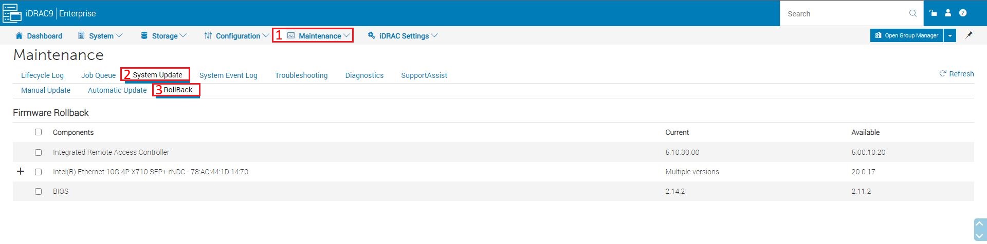 Étapes de restauration du firmware iDRAC9 à l’aide de l’interface ...