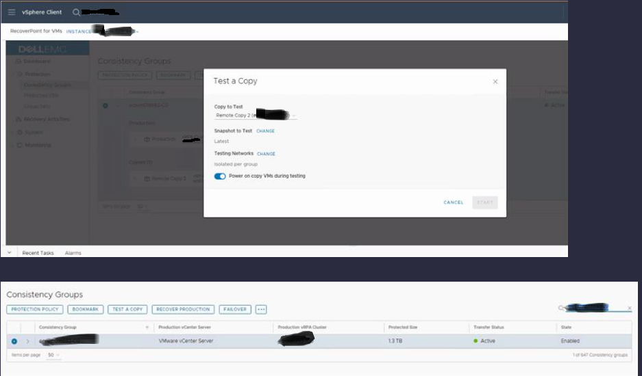 RecoverPoint for Virtual Machines: 테스트 복사 버튼 사용 불가 | Dell 대한민국