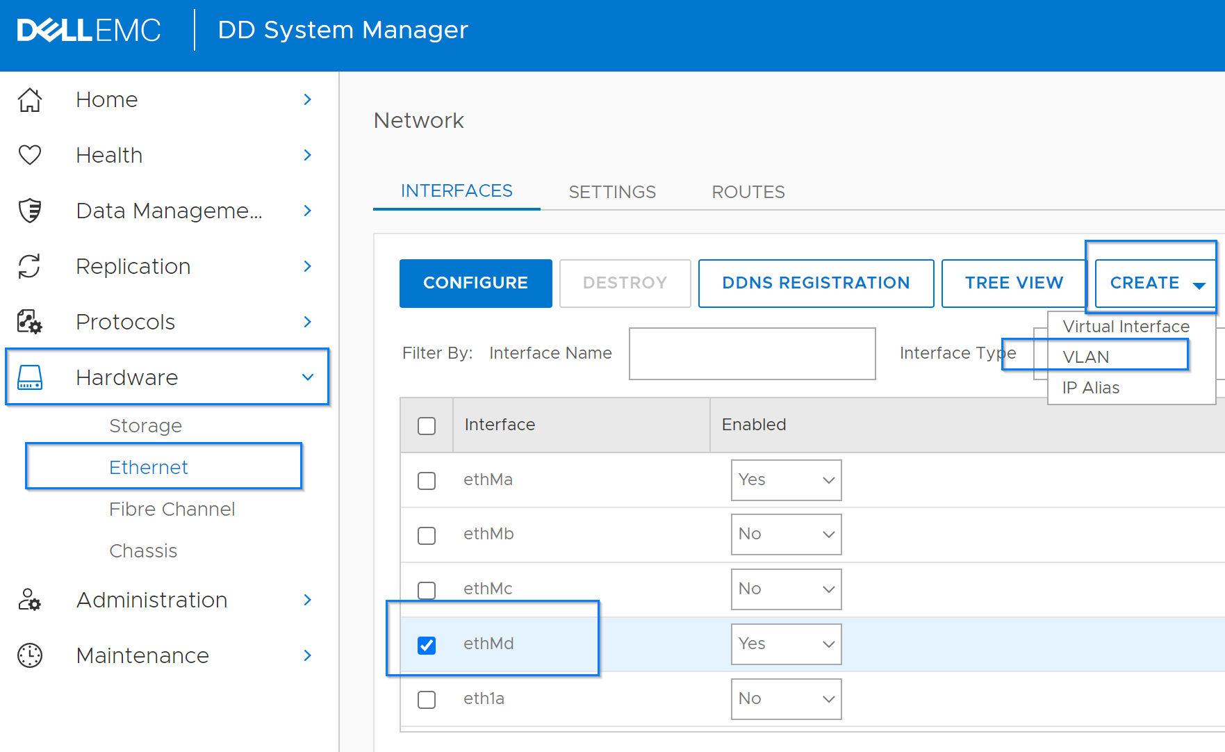 Data Domain Guigraphical User Interface 및 Clicommand Line Interface를 사용하여 Vlan 및 Ip 별칭 구성