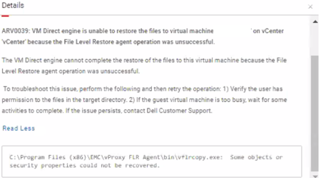 Powerprotect Data Manager Arv0039 Vm Flr Restore Job Fails Even Though Some Or All Chosen 