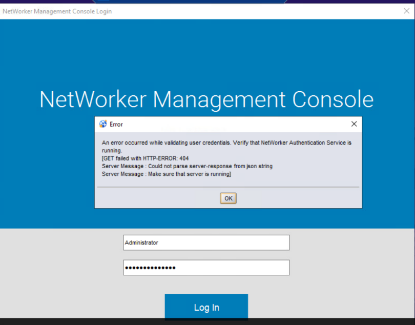 NetWorker: Unable to log in to NMC or using nsrlogin, receiving: "Authentication library error ...