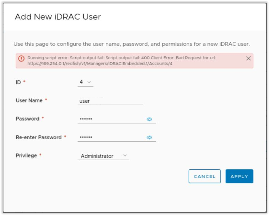 VxRail: Fail to add iDRAC user in VxRail plugin GUI. | Dell US