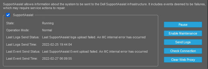 ME4: Last SupportAssist logs upload failed, an MC internal error has ...