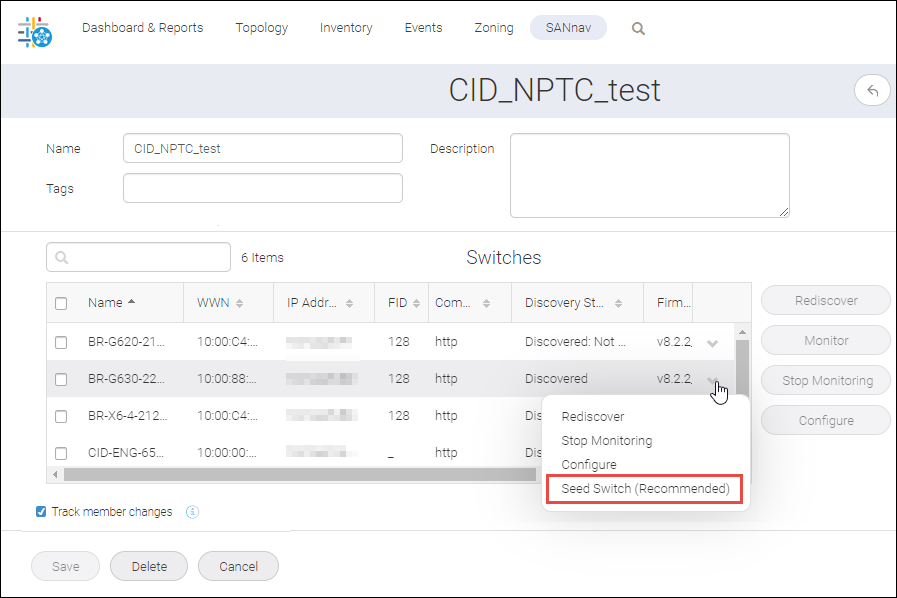 Connectrix : San Nav : Switch status reports "Current seed switch is ...