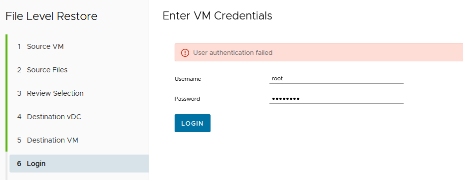 Avamar Vcloud Director Dpe File Level Restore Fails With Error User Authentication Failed