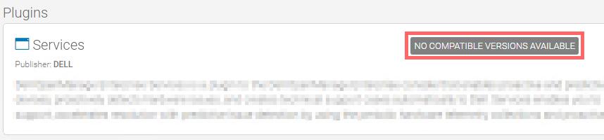 OpenManage Enterprise Console and Plugins window shows 'NO COMPATIBLE ... OpenManage Enterprise Console and Plugins window shows 'NO COMPATIBLE ...