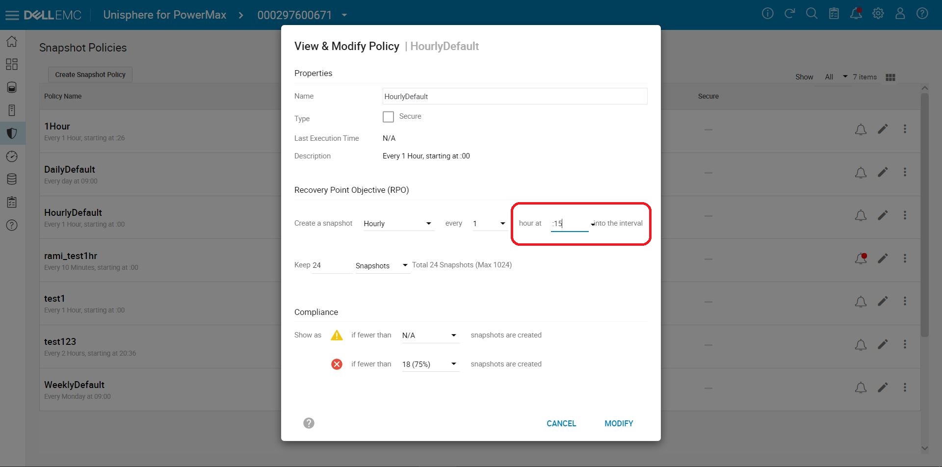 Unisphere for PowerMax: Modified Interval Time is Not the Specified Value for Snapshot Policy on ...