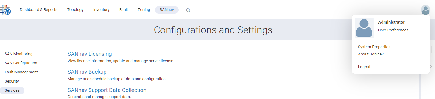 Connectrix B-Series, SANnav: SANnav UI에서 SANnav 일련 번호, 버전, 라이센스 유형 및 만료 ...