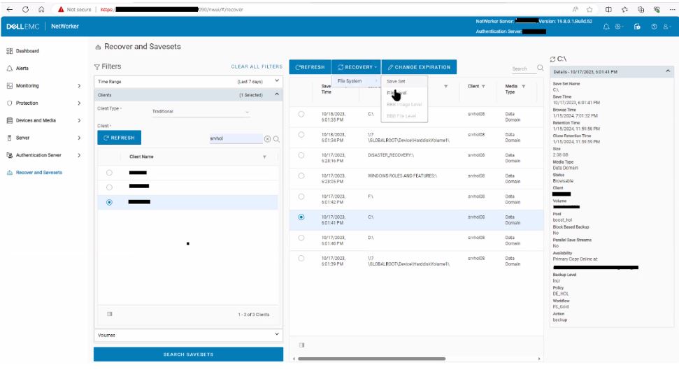 NetWorker: NWUI Unable to Recover from Clients | Dell India
