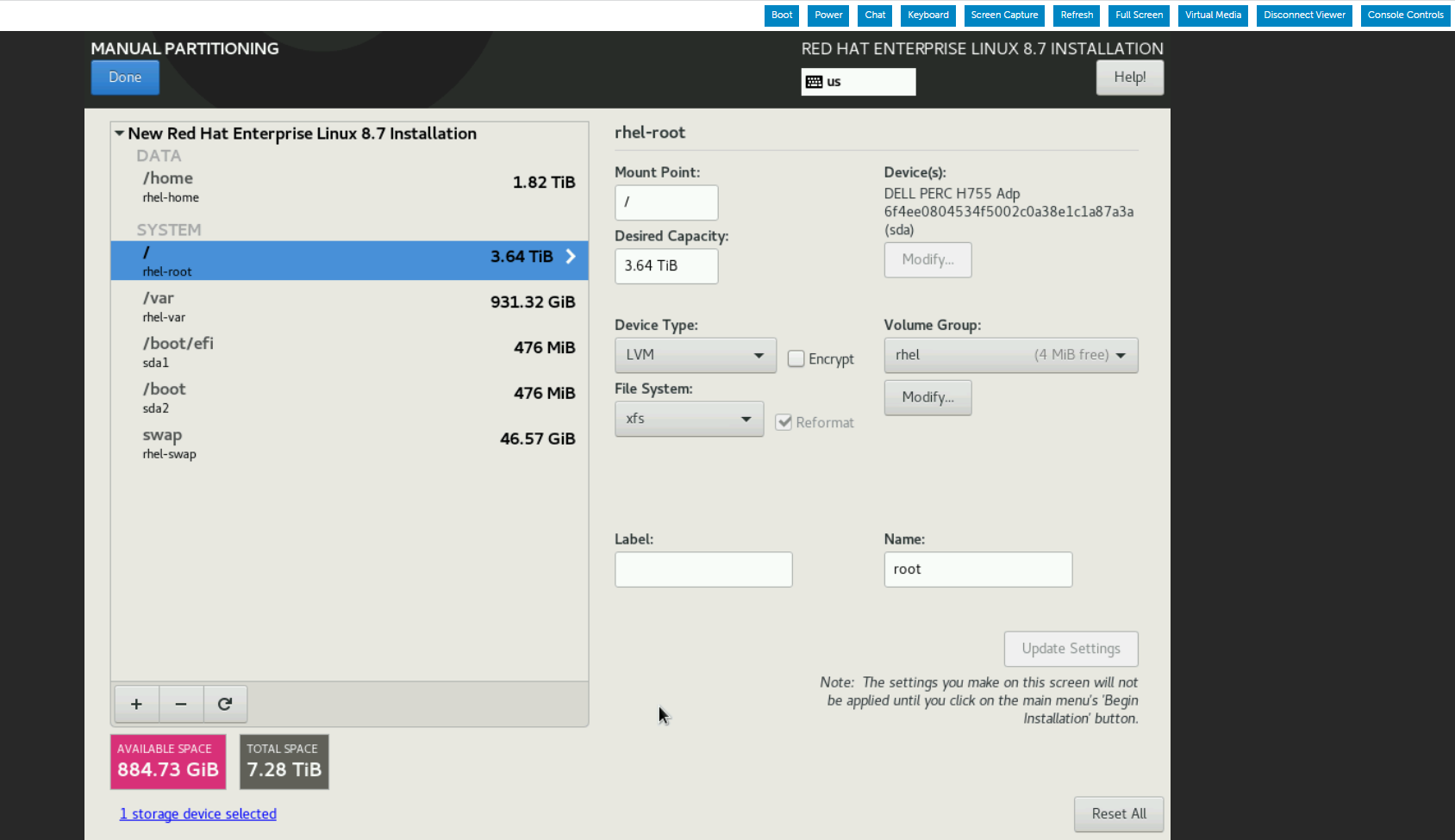 How to install Red Hat Enterprise Linux with a custom manual storage partition | Dell India
