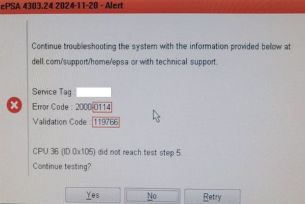 PowerEdge 16G AMD: Durante a execução de testes ePSA, um erro de ...