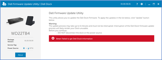 Dell Thunderbolt Dock WD22TB4 "Fehler: Dell Dock-Informationen konnten nicht abgerufen werden ...