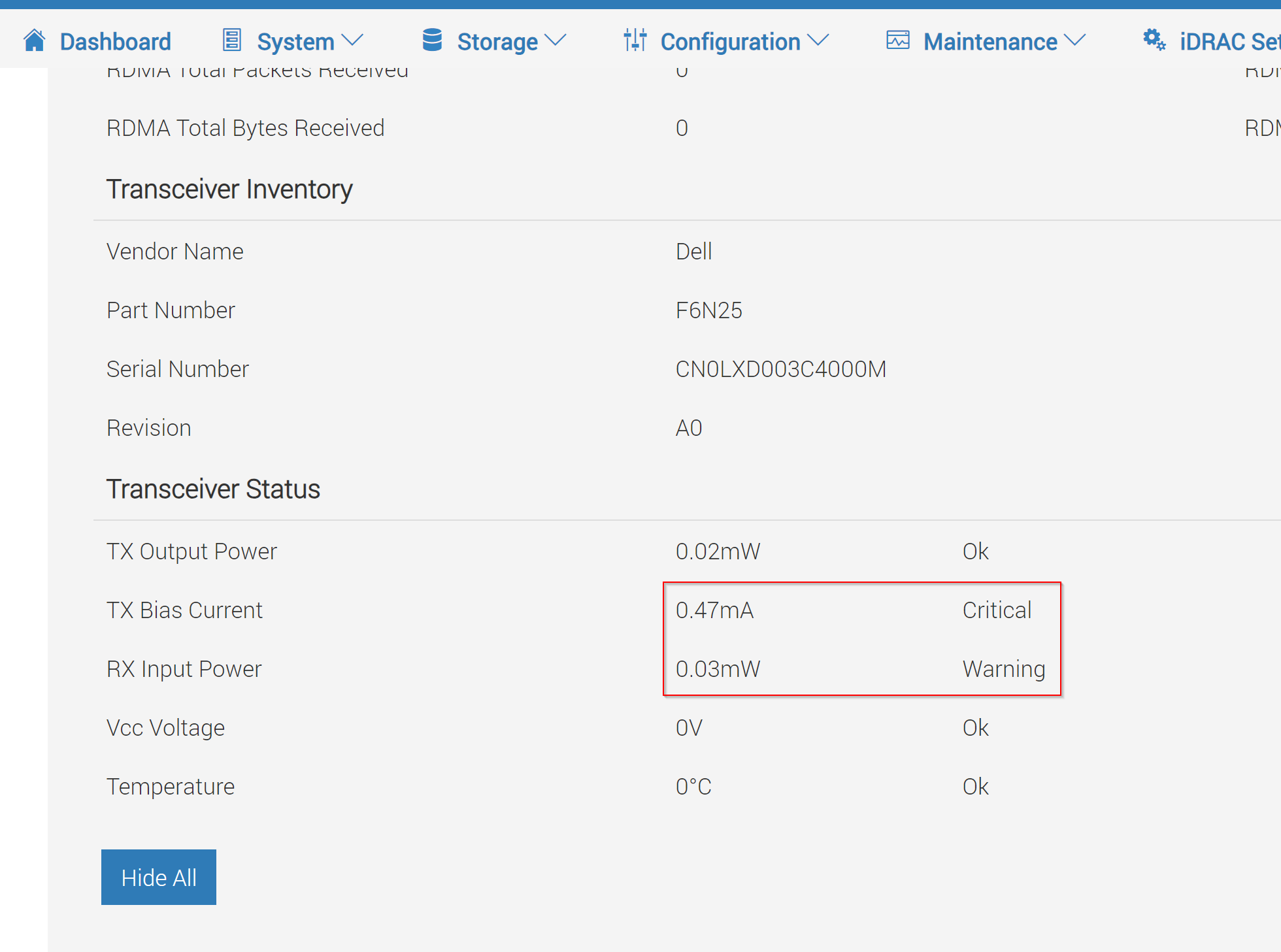 PowerEdge: BCM57608 muestra el estado de advertencia de los niveles de ...
