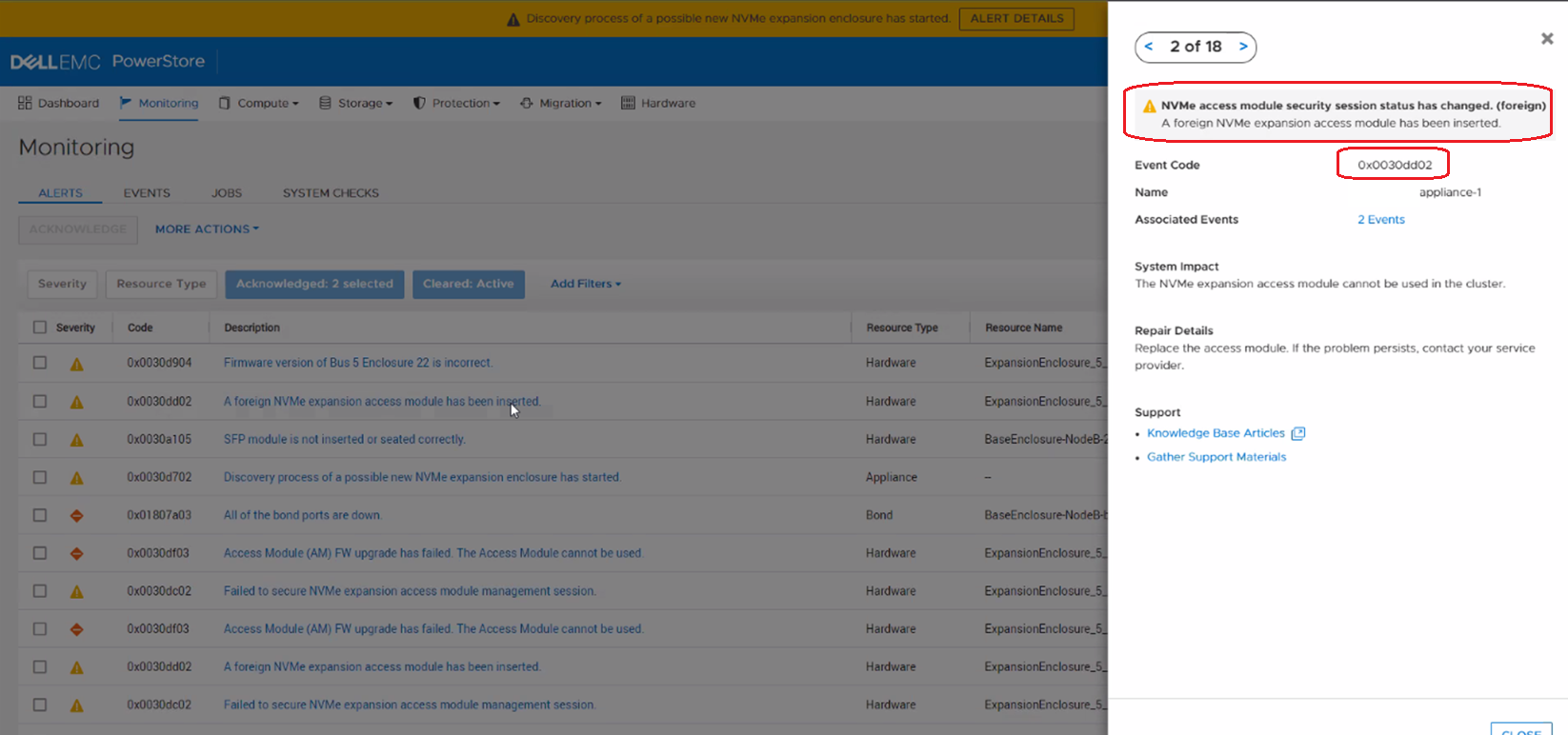 PowerStore: An NVMe expansion enclosure is identified as a foreign NVMe ...
