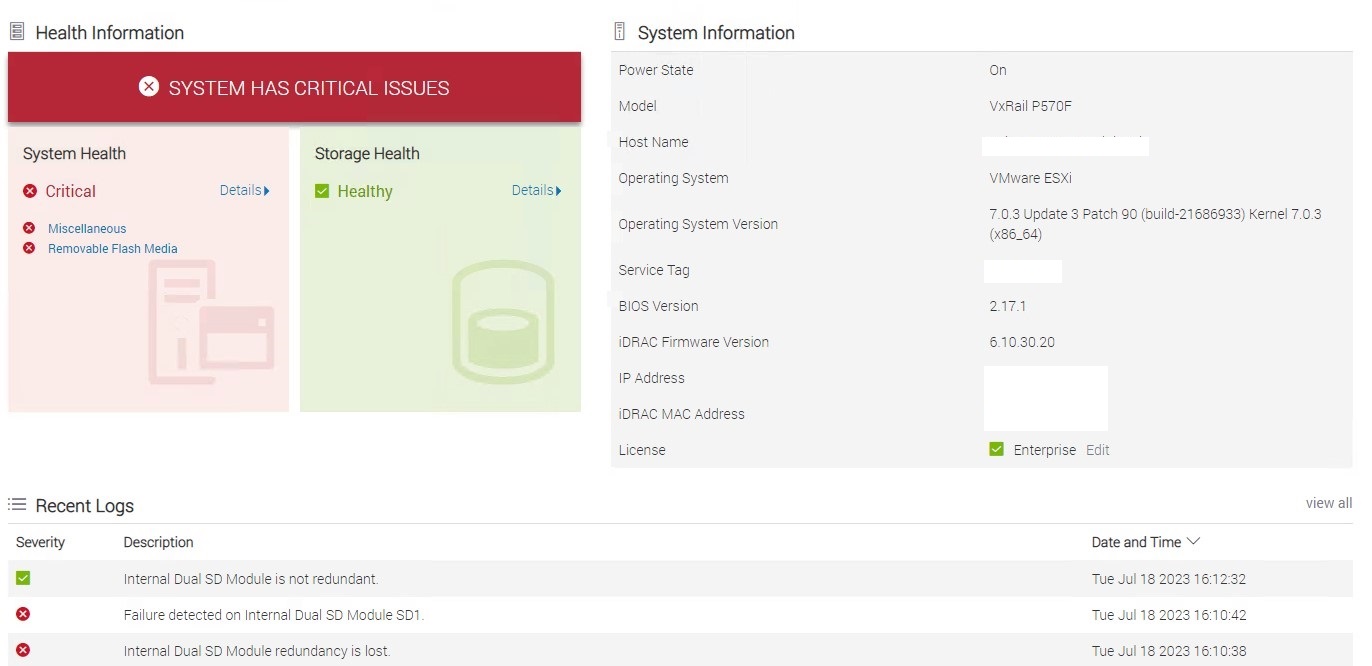 Dell VxRail: How to resolve "Failure detected on Internal Dual SD ...
