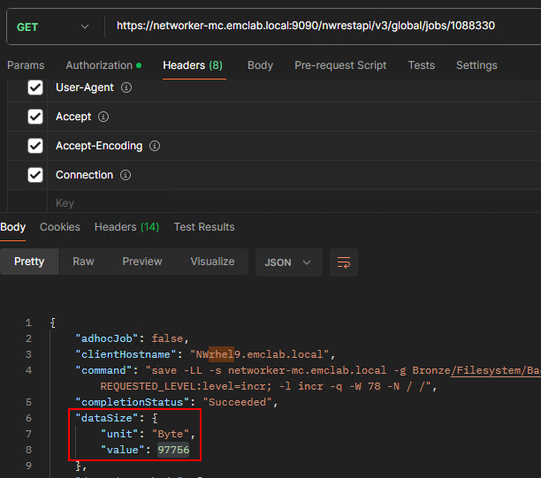 NetWorker: REST API jobs GET request shows a dataSize value in KB, but the unit reported is ...