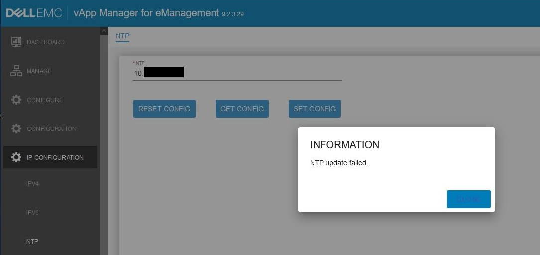 Unisphere for PowerMax: Unable to Add NTP IP Using vApp Manager, Fails with Error "NTP update ...