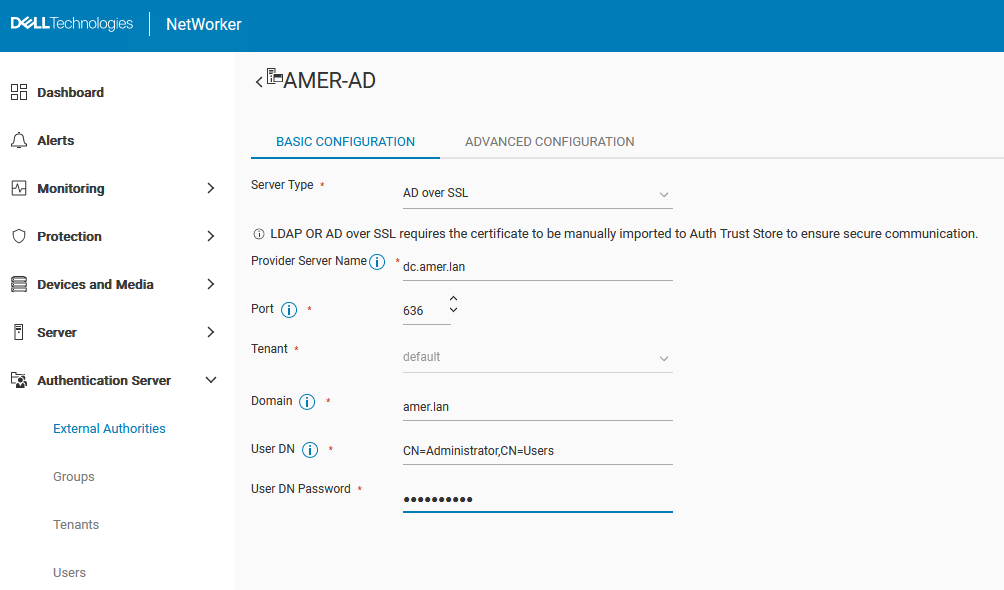 NetWorker: How to configure "AD over SSL" (LDAPS) from The NetWorker Web User Interface (NWUI ...