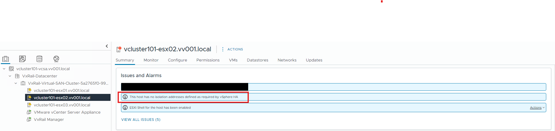 VxRail: This host has no isolation addresses defined as required by ...