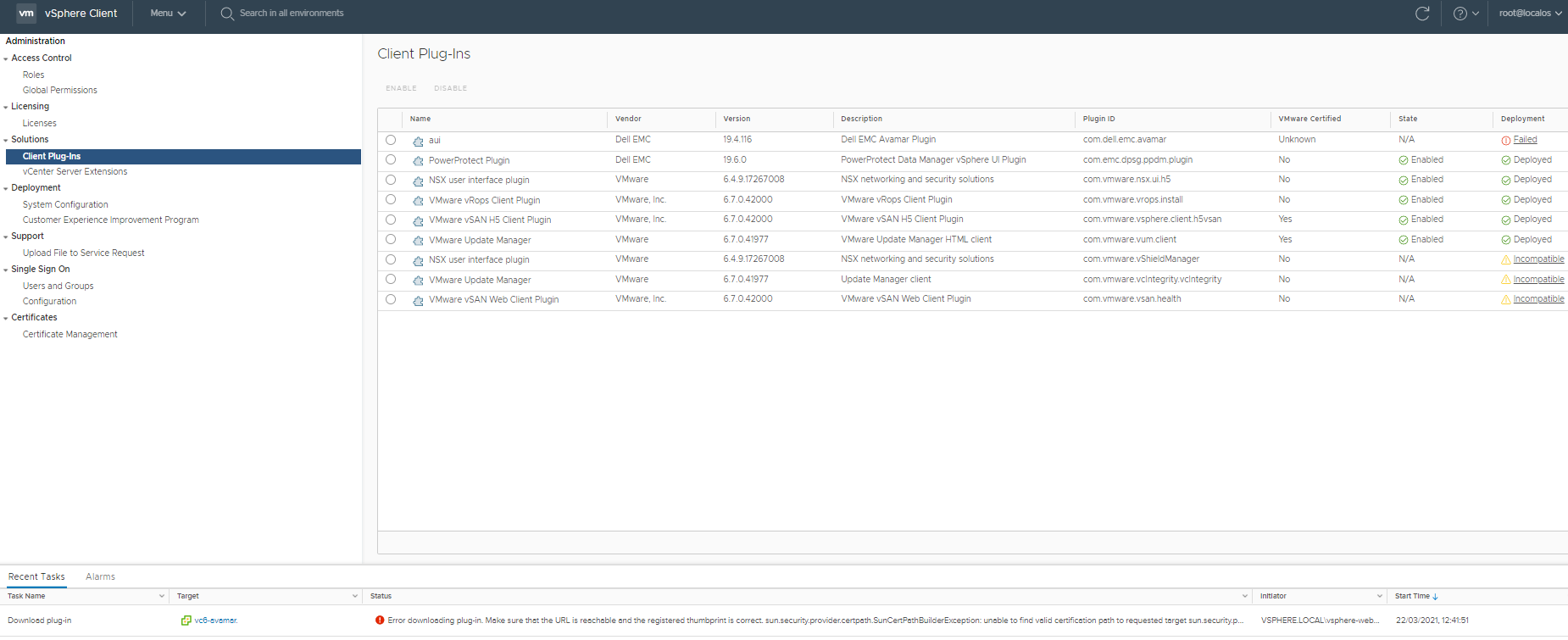 Avamar - Dell EMC Avamar Plugin plugin deployment status shows as ...