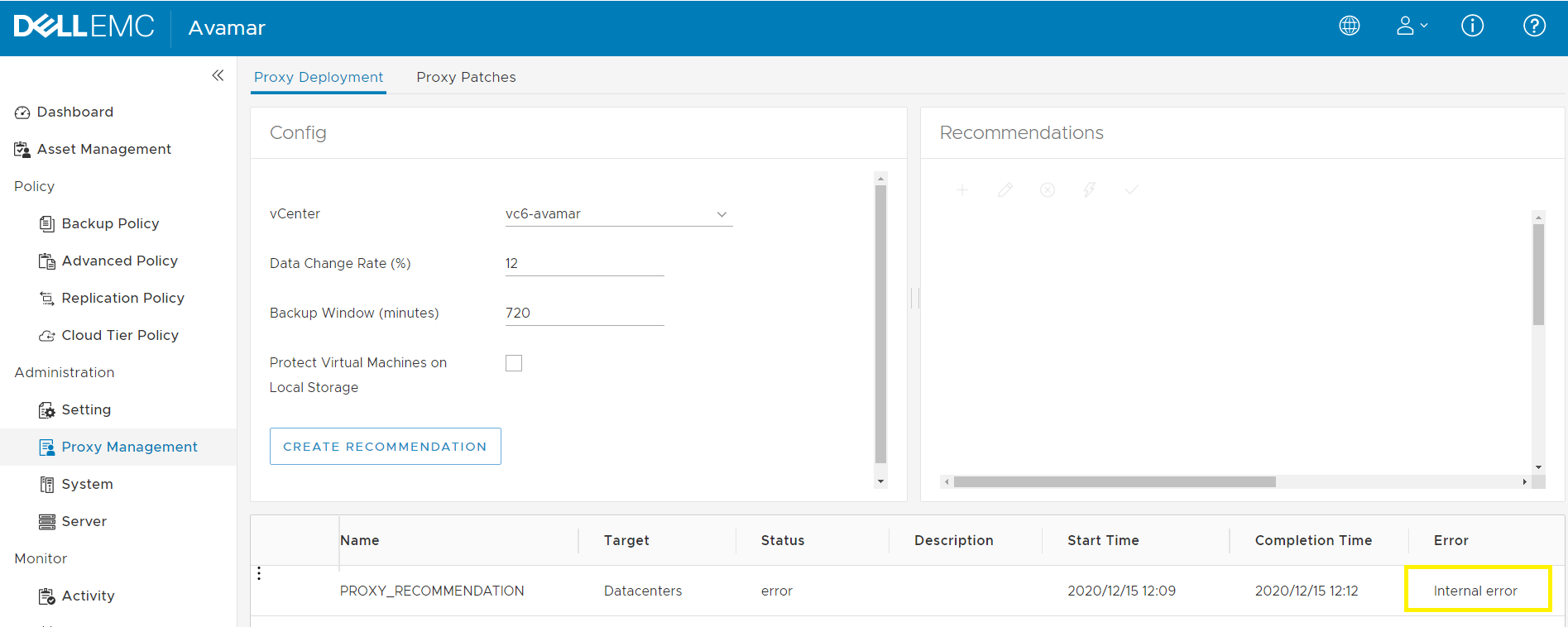 Avamar - PDM(Proxy Deployment Manager) 권장 사항이 다음 내부 오류로 실패함 "java.lang ...