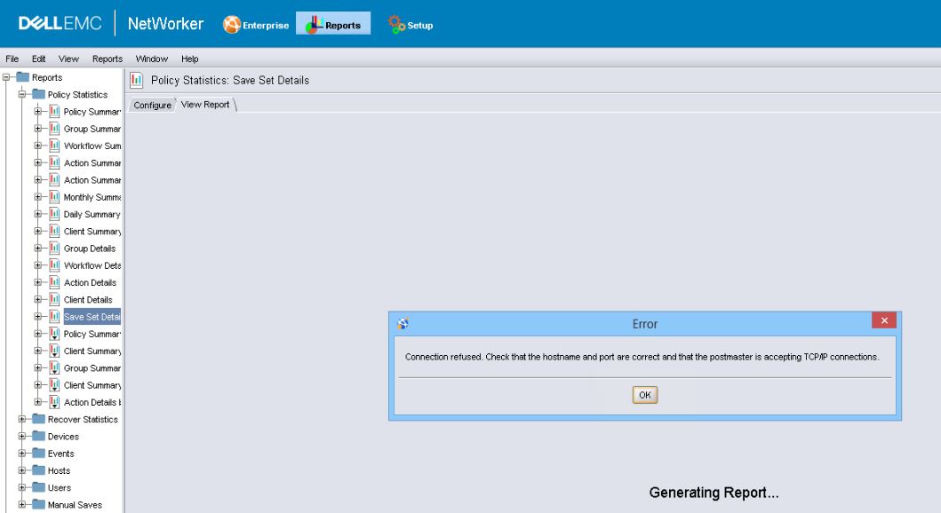 NMC 보고서 생성 실패, 오류 "Connection Refused. 호스트 이름 및 포트가 올바른지 확인하고 ...