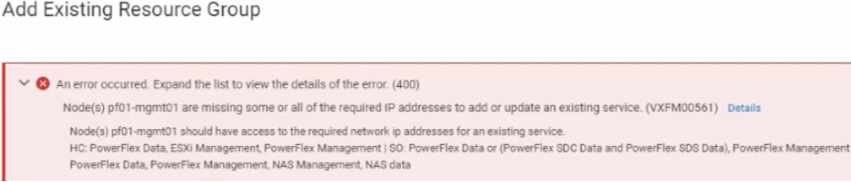 PowerFlex PFMP Add Existing Resource Group Missing Defined Network Object Type | Dell Philippines