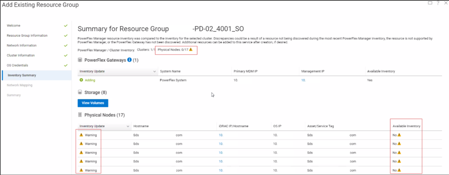 PowerFlex 4.X PFMP Add Existing Resource Group Wizard Shows Nodes Not Available In Inventory ...