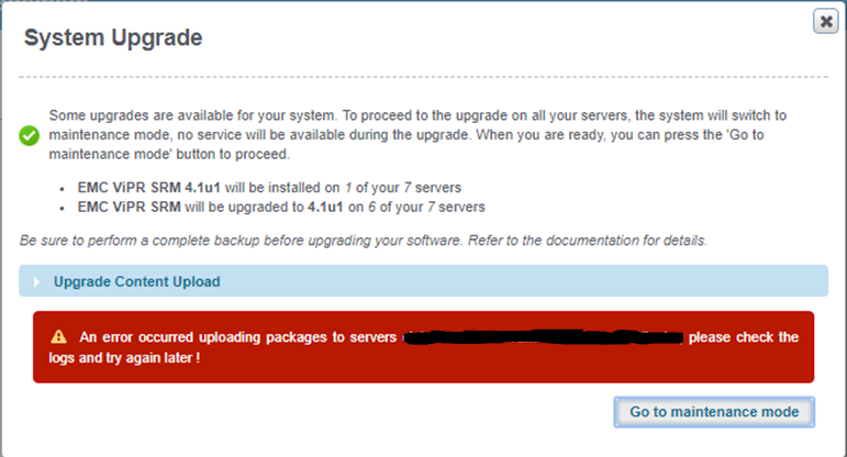 VIPR SRM: O upgrade do VIPR SRM falha na etapa "go to maintenance mode ...
