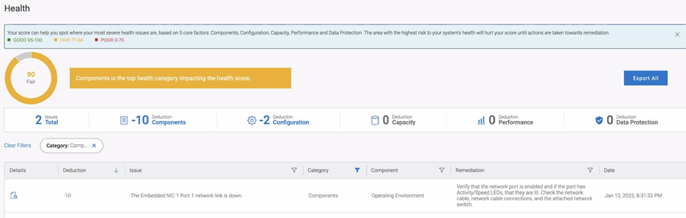 PowerProtect Data Manager: DM5500 health Tab shows: The Embedded NIC 1 ...