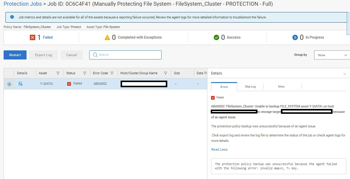 Powerprotect Backup Fails With Error Aba0002 Invalid Map Key Dell Us