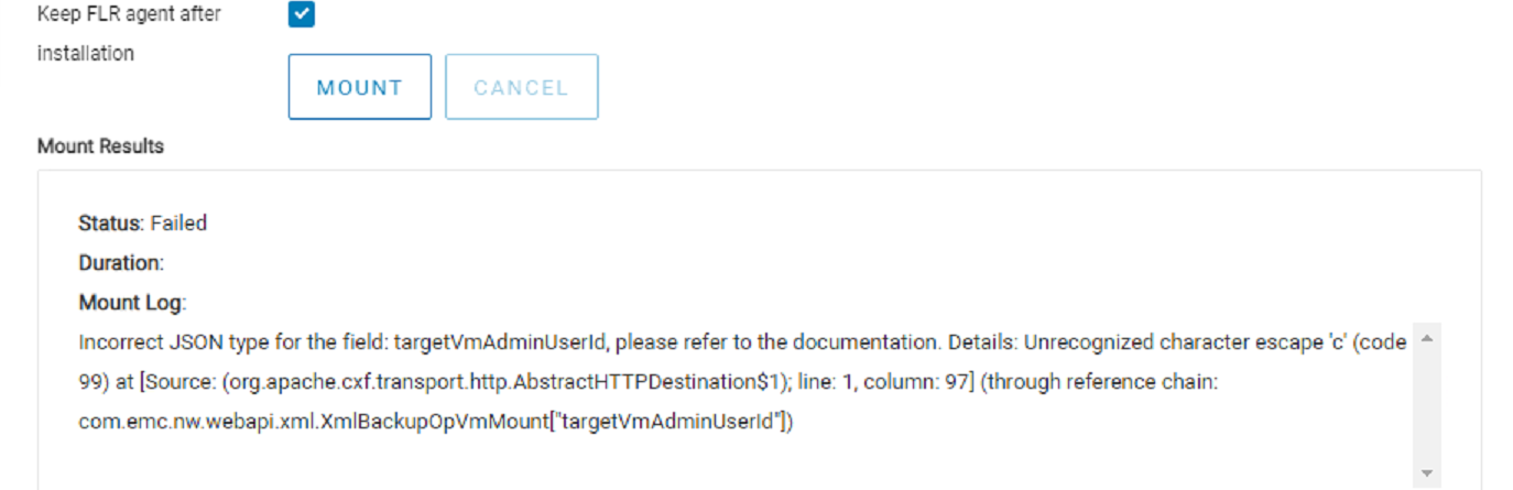 NVP vProxy: FLR Recovery Fails at the Mount Stage with Error: Incorrect JSON type for the field ...