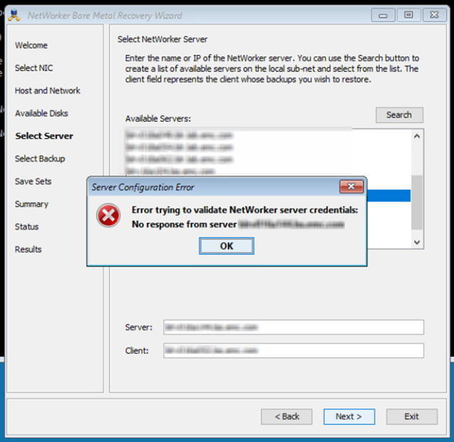 NetWorker: BMR 마법사가 "Error trying to validate NetWorker Server credentials"와 함께 실패함 | Dell 대한민국