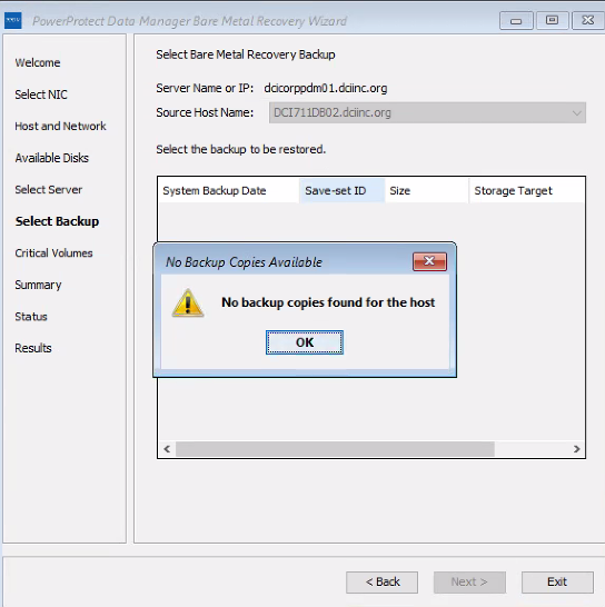PowerProtect: Bare Metal Recovery (BMR) fails "No backup copies found for the host" | Dell India