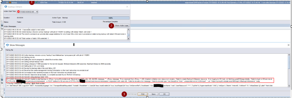NVP vProxy: VM backups from stand-alone ESXi fail with "Received an HTTP code: 400....Failed to ...