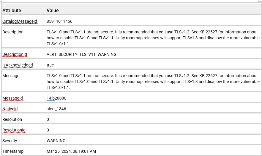 Dell Unity 알림 14b20080 Tlsv10 및 Tlsv11이 안전하지 않습니다 Tlsv12를 사용하는 것이